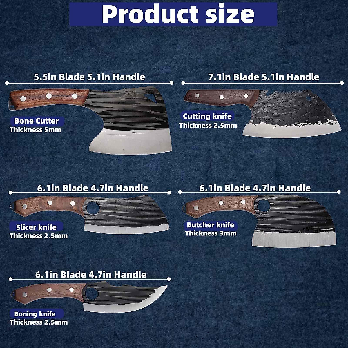 Xnarlath Butcher Chef Knife Set with Bag，High Carbon Steel Meat Cleaver for Meat Cutting Processing,Heavy Duty Bone Chopper Hand Forged Butcher Knives，Outdoor BBQ Camping Knife (5 butcher knife set)