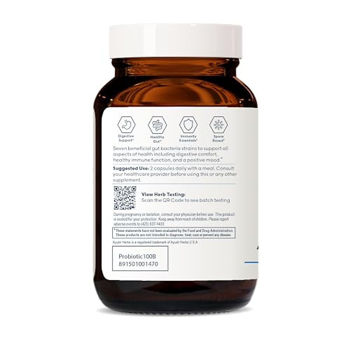 Ayush Herbs Probiotic 100B, Shelf-Stable Daily Probiotic Supplement, 7 Probiotic Strains, 60 Vegetarian Capsules