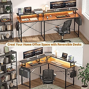 armocity L Shaped Computer Desk with Power Outlets, Gaming Desk L Shaped with LED Lights, Corner Desk with Storage Shelves, Work Study Desk for Bedroom, Home Office Small Spaces, 47'', Grey