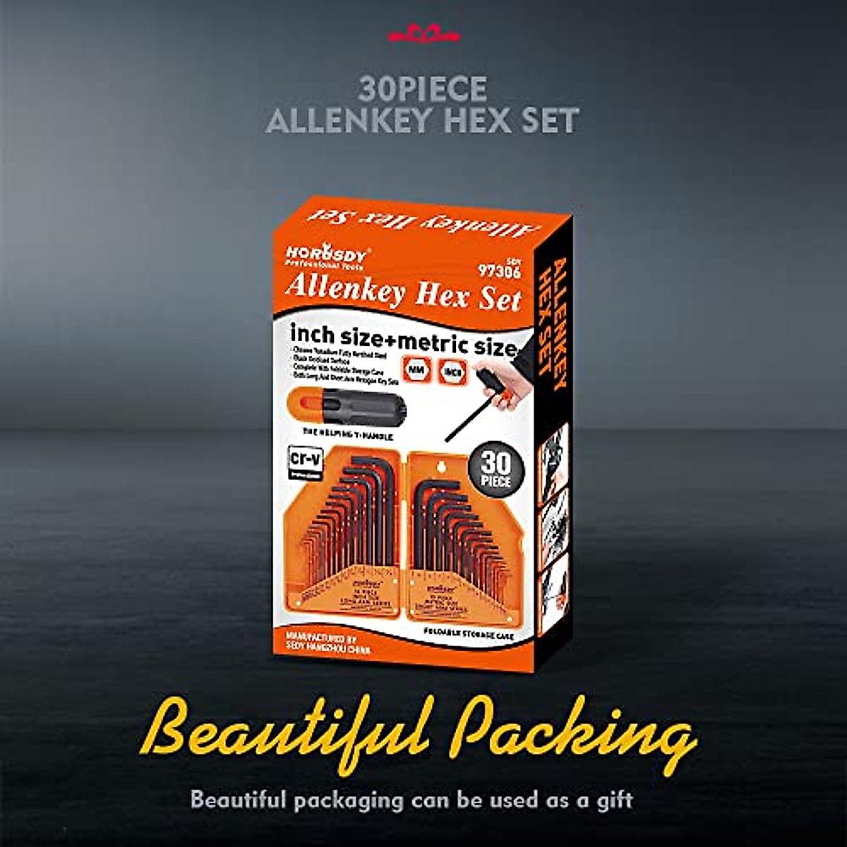 HORUSDY 30-Piece Hex Key Set, Allen Wrench Set Inch/Metric MM(0.7mm-10mm) SAE(0.028"-3/8)