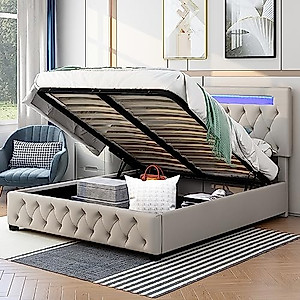 OPTOUGH Queen Size Storage Upholstered Platform Bed Frame, Adjustable Headboard Featured with Bluetooth Audio, LED Light and USB Charging, Fashion Furniture-Beige