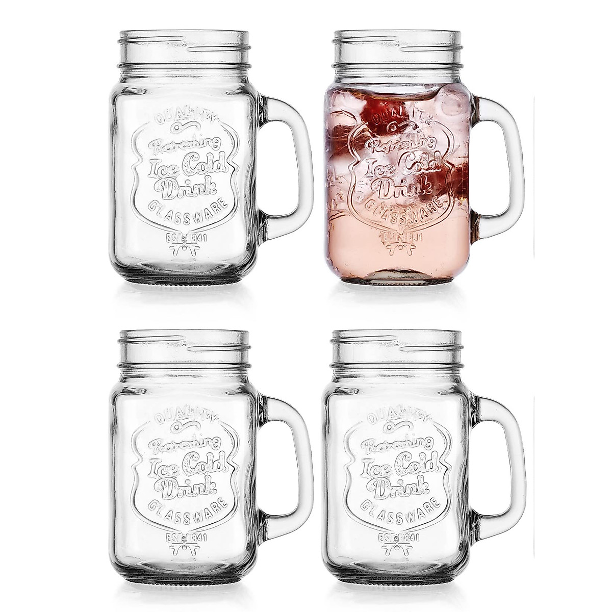 Glaver's Mason Drinking Jars – Set of 4, 16 Oz Clear Glass Jar with Handle and Lid. – Ice-Cold Drink Glassware Logo – Glass Mugs Ideal for Cold Beverages, Juice, Smoothie, Cocktails.