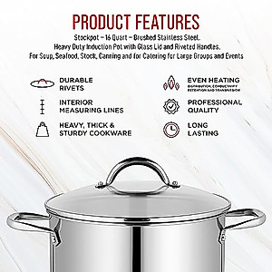 Bakken-Swiss Deluxe 16-Quart Stainless Steel Stockpot w/Tempered Glass See-Through Lid - Simmering Delicious Soups Stews & Induction Cooking - Exceptional Heat Distribution - Heavy-Duty & Food-Grade
