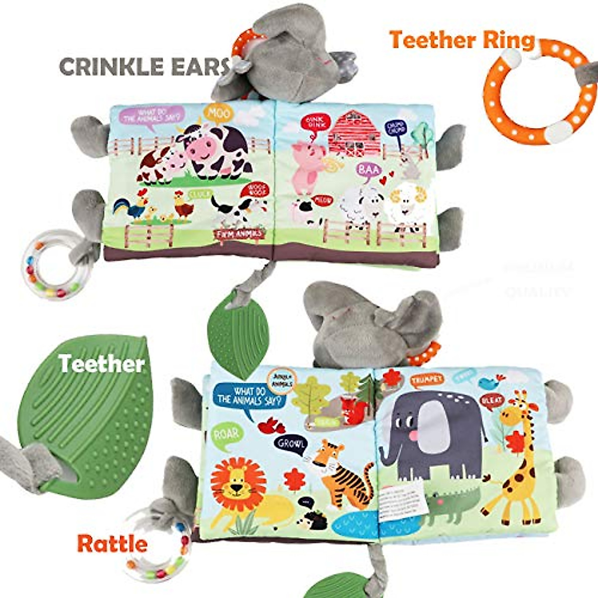 Baby Books Toys,Soft Cloth Crinkle Books for Babies Infants Toddler, Elephant Baby Gifts Teething Toys, Jungle Education Bunny Toys for 0-6 Months 1 Year Old Boy Girl,Stuffed Plush Book Touch and Feel