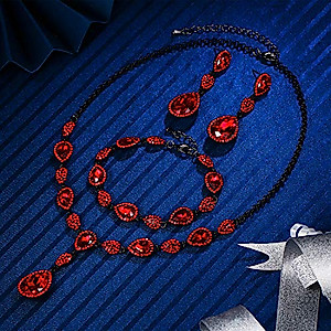 EleQueen Women's Wedding Bridal Jewelry Sets for Brides Bridesmaids, Cubic Zirconia Teardrop Necklace Tennis Bracelet Dangle Earrings Jewellery Set Ruby Black-Tone
