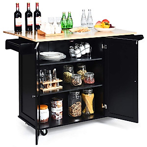 Giantex Kitchen Island Cart with Drop-Leaf Tabletop, Large Trolley Cart with Large Cabinet, 3 Drawers, Towel Rack, Kitchen and Dining Room Utensils Organizer on Wheels