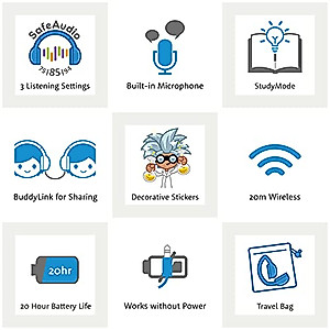 ONANOFF BuddyPhones Play+, Wireless Bluetooth Volume-Limiting Kids Headphones, 20-Hours Battery Life, 3 Volume Settings, Voice Enhancing StudyMode, Answer/Playback Button, BuddyLink Cable, Cool Blue