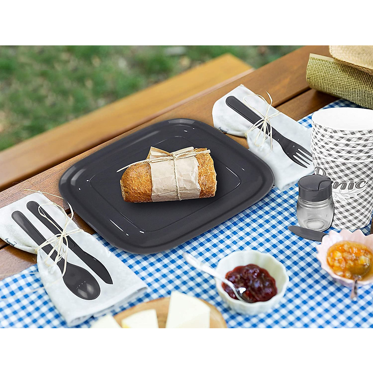 Tribello Camping Picnic Dishes Set with Case, (Set for 6) 32 Plastic Reusable Cutlery Set - BPA Free - Microwave / Dishwasher Safe