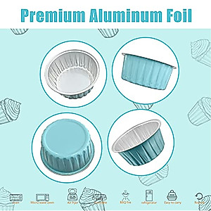 100Pcs Aluminum Cups with Lids,5oz Disposable Ramekin Baking Cups Muffin Liners Mini Pie Pans Foil Cupcake Containers for Christmas Party Wedding,Blue