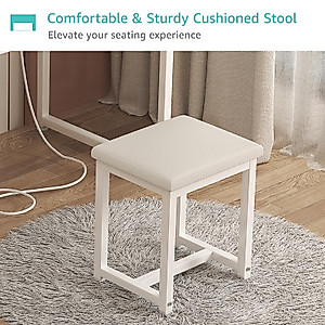 KAI-ROAD White Makeup Vanity Desk with Chair no Mirror, Small Vanity Table with Fabric Drawers, Power Outlet & Stool Without Mirror, Modern Make Up Desk Set for Bedroom