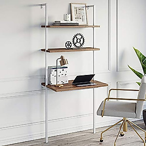 Nathan James Theo 6-Shelf Tall Bookcase, Wall Mount Bookshelf, Rustic Oak/White & Theo 2-Shelf Industrial Wall Mount Ladder, Small Computer or Writing Desk, Rustic Oak/White
