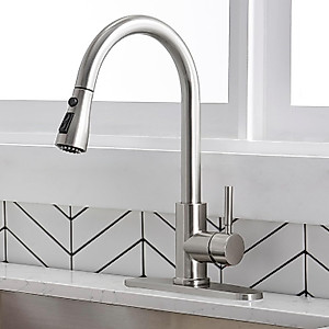 Ufaucet Brushed Nickel Kitchen Faucet with Pull Down Sprayer, High Arc Single Hole Kitchen Sink Faucet with Sprayer, Pull Out Commercial Modern Stainless Steel Kitchen Faucets