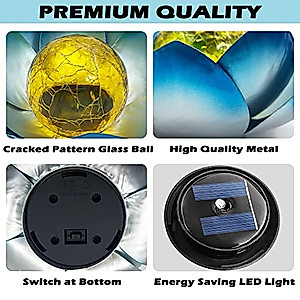 Montex 2 Pack Solar Lights Outdoor Garden Decor LED Crackle Globe Glass Metal Lotus Waterproof Metal Flower Lights for Patio,Lawn, Blue