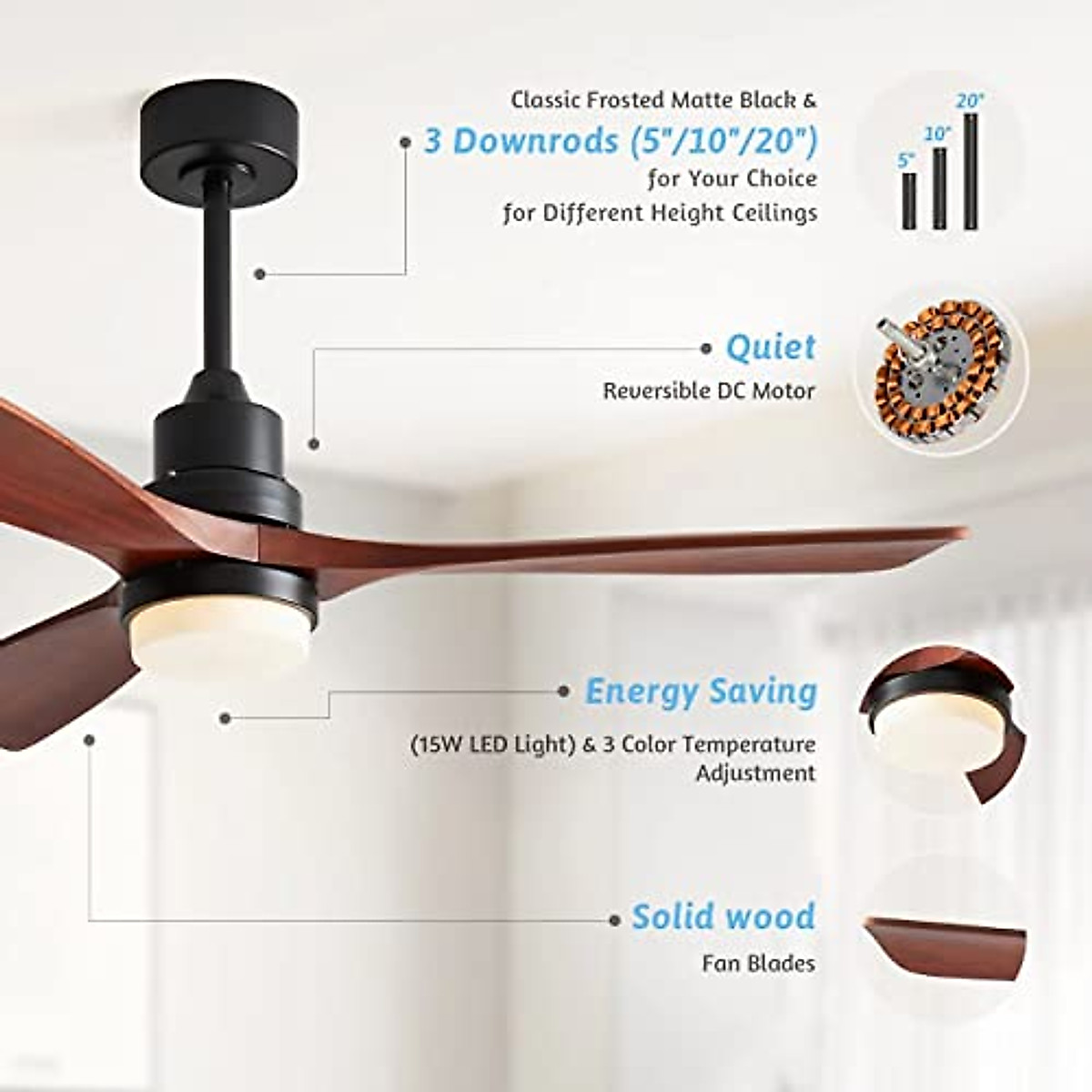 WERBUY 52" Ceiling Fans with Lights Wireless Wall Control and Remote, Wood Ceiling Fan with Quiet Reversible DC Motor/Sleep Timer/6 Speeds, for Outdoor Indoor Bedroom Patios Farmhouse Living Room