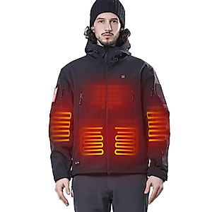 DEWBU Heated Jacket for Men with 12V Battery Pack Winter Outdoor Soft Shell Electric Heating Coat, Men's Black, L