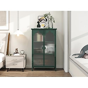 2-door Metal Storage Cabinet, Buffet Cabinet, Display Cabinet with Glass Door, with Magnetic Arched Corrugated Glass Door, Adjustable Feet, Suitable for Dining Room, Living Room, Bedroom, Dark Green