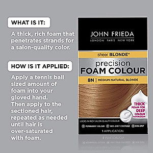 John Frieda Precision Foam Colour, Medium Natural Blonde 8N, Full-Coverage Hair Color Kit, Anti-Fade Gray Coverage, Deep Color Saturation Hair Dye, 1 Application