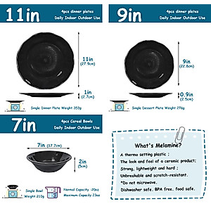 Gofunfun 12 Pcs Melamine Dinnerware Set, Plates and Bowls Sets Service for 4, Indoor and Outdoor Use Set of 12 Black
