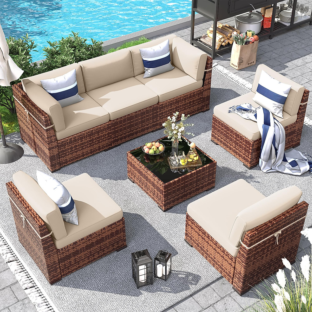 Patio Furniture Set, 7 Pieces Outdoor Modular Conversation Set Wicker Sectional Sofa for All Weather Rattan Patio Couch for Porch Garden Backyard Balcony Poolside (Khaki)