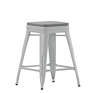 Flash Furniture Cierra 4 Pack Commercial Indoor Counter Height Stools - Silver Galvanized Steel Frame - Gray All-Weather Poly Resin Seat - 24" High - Backless