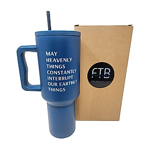 FTB Creative 40oz Custom Designed Wander Tumbler, Double Wall Stainless Steel, with Lid and Straw (Blueberry, Heavenly Things)