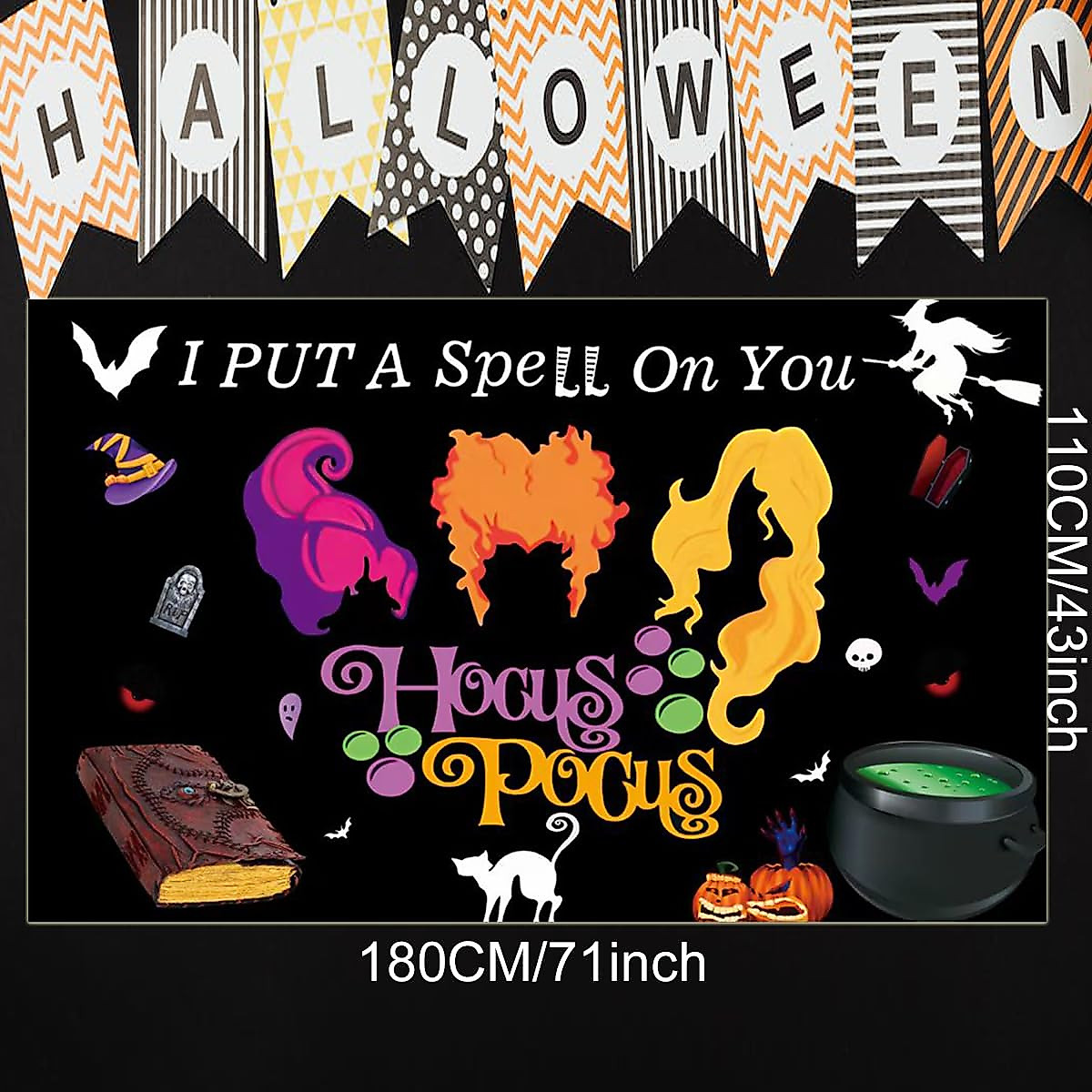Hocus Pocus Decorations Banner, Hocus Pocus Decor Backdrop I Put A Spell On You Banner Hocus Pocus for Halloween Party Decorations 71" X 43"