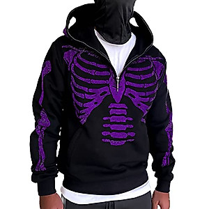 Easyoyo Skeleton 1/4 Zip Up Hoodie for Men Women, Gothic Diamond Glitter Oversize Grunge Punk Dark Sweatshirt