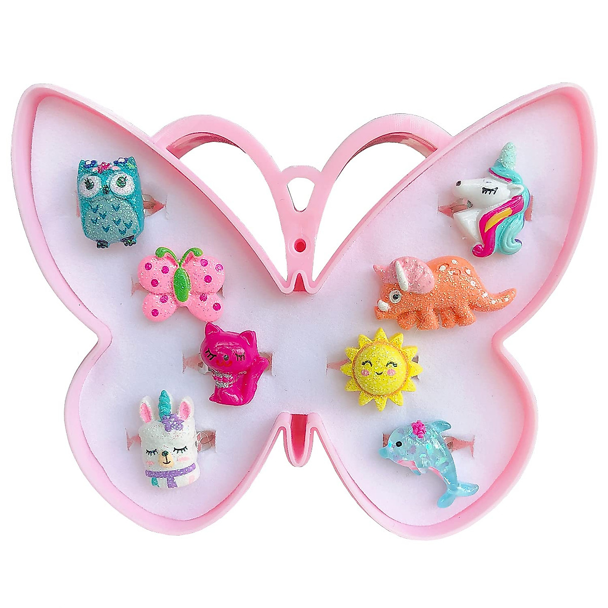 ELEMIRSA 8pcs Little Girl Jewel Rings Adjustable Costume Princess Pretend Play and Dress Up Rings for Girl Toddlers Teens Children's Jewelry Set Toy Butterfly Box