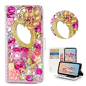 STENES Bling Wallet Phone Case Compatible with Samsung Galaxy Z Fold 2 5G - Stylish - 3D Handmade Girls Mirror Peacock Pendant Flower Leather Girls Women Cover with Neck Strap Lanyard [3 Pack] - Pink