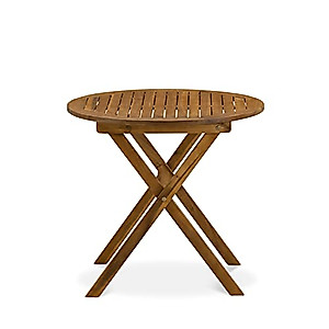 East West Furniture MNCM3CANA Marion 3 Piece Patio Bistro Outdoor Set Contains a Round Acacia Wood Coffee Table and 2 Folding Arm Chairs, 30x30 Inch, Natural Oil