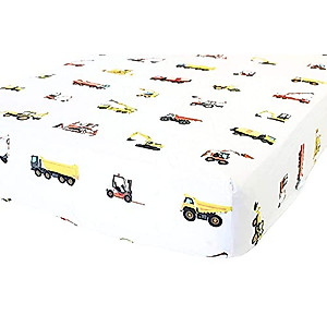 Bundle of ADDISON BELLE Products - 100% Cotton Fitted Crib Sheet + Muslin Swaddle - Construction Trucks - Soft, Durable & Breathable