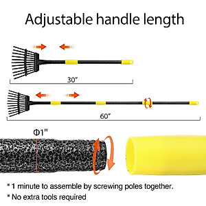 Oliynedy Leaf Rake for Gardening, Adjustable Metal Garden Rake for Leaves Long Handle 30-60", 11 Tines 9" Wide Small Lawn Collapsible Yard Adult Kids Rake for Camping Flower Beds Mulch Shrub