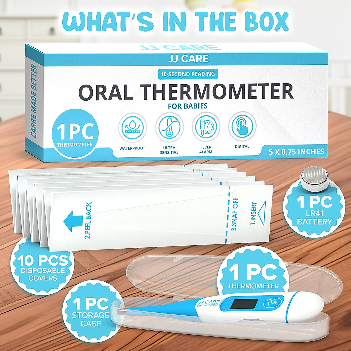 JJ CARE Oral Thermometer with LCD Display, Calibrated Oral Thermometer for Babies and Adults, 10 Seconds Fast Reading Oral Digital Thermometer for Fever with 10 Disposable Covers