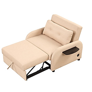 NOLLAM Pull Out Sleeper Sofa Bed with 2 Wing Table and USB Charge, Linen Fabric Single Sofa Chair Bed, Convertible Sofa Chair 3-in-1, Sleeper Chair Bed for Living Room Apartment Office, Beige Couch