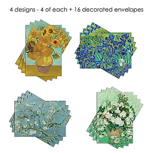 RainCaper Fine Art Keepsake 5x7 Blank Stationery van Gogh Greeting Note Cards With Decorative Envelopes, Gift Boxed Set of 16 | 300 GSM Cardstock (van Gogh Flowers)