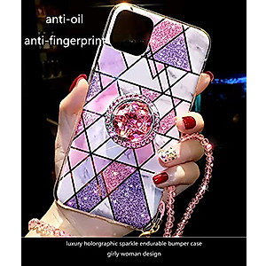 Aulzaju for iPhone 12 Pro Max Girly Case with Ring Stand Luxury Bling Diamond Hard PC Back Rugged Marble Design Cute Glitter Rhinestone Geometric Bumper Cover with Bead Lanyard for Women 6.7'' Pink