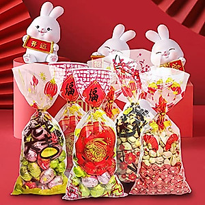 100 Pcs Chinese New Year Gift Bags, 4 Designs Chinese New Year Goodie Bags Lunar New Year Spring Festival Year of the Rabbit Cellophane Treat Candy Favor Red Bags for Chinese New Year 2023 Decorations and Party Supplies