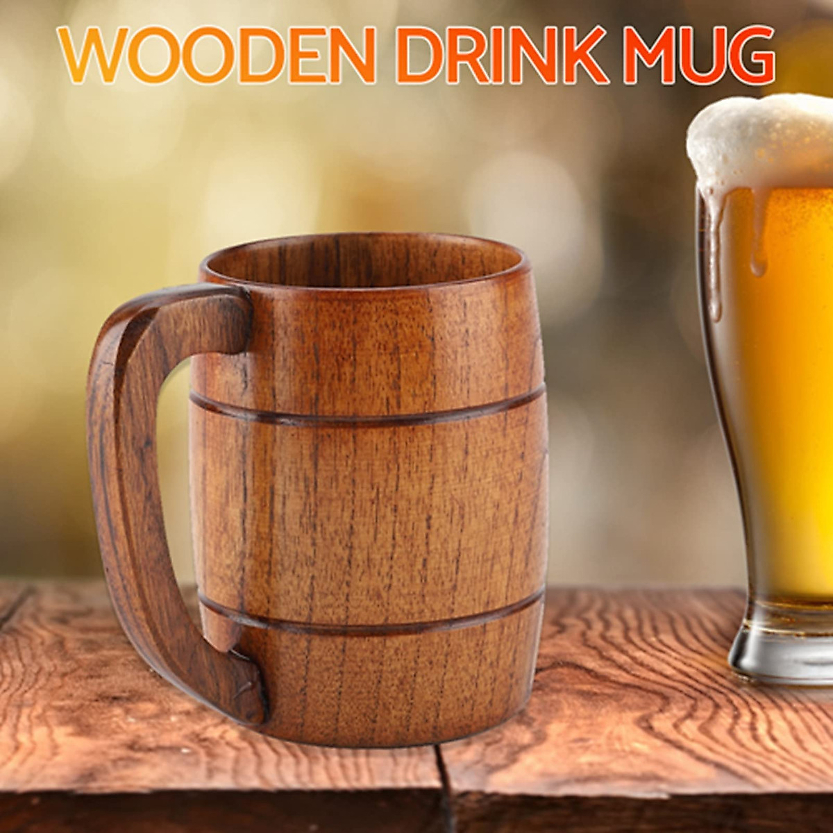Gavigain Wooden Drink Mug,natureWooden Beer Cup Retro Big Capacity Tea Water Classic Wood Drinking Mug with Handle,Beer Cups for Men & Women