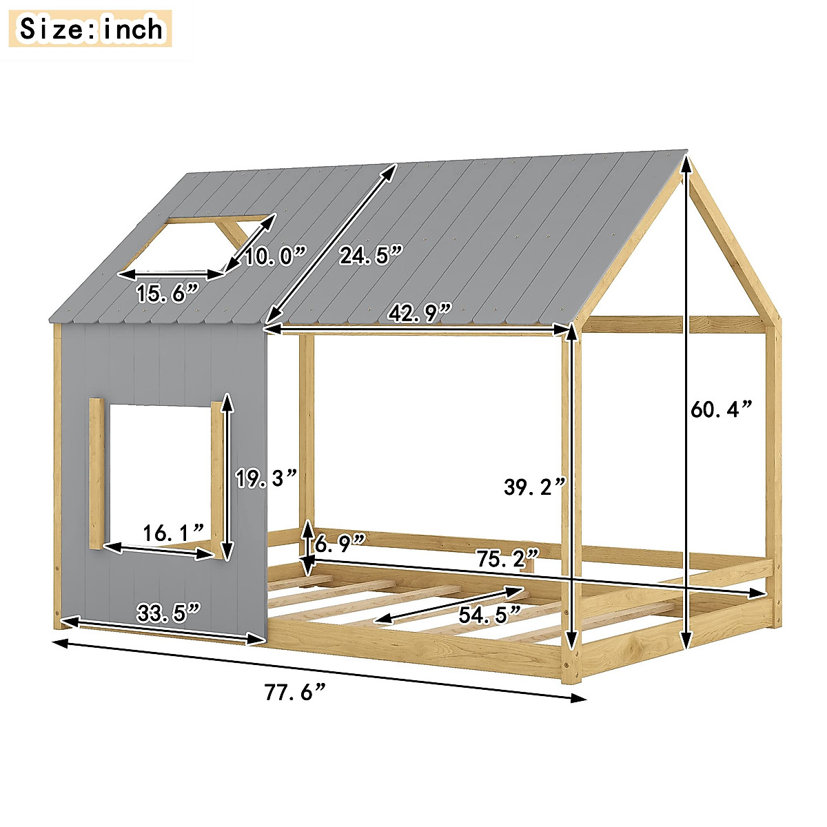 Full House Bed, Montessori Bed Full Size Floor Bed with Rails and Roof, Window, Solid Wood Platform Bed Frame with Slats, for Kids Teens Girls Boys (Full Size, Gray+Natural)