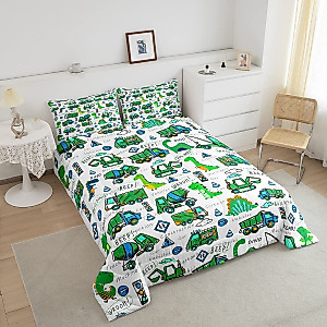 Construction Bedding Set Full Boys Cute Dinosaur Trucks Comforter Set Boys Girls Cartoon Equipment Truck Excavator Decor Comforter Dinosaurs Machinery Cars Quilt Set Green Dino Bedroom Duvet Set