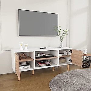 Gdvsclr TV Stand, TV Console Media Cabinet with Push Up Open Doors and Cable Collection Holes for TVs Up to 60 Inch Flat Screen for Living Room Bedroom, White + Oak