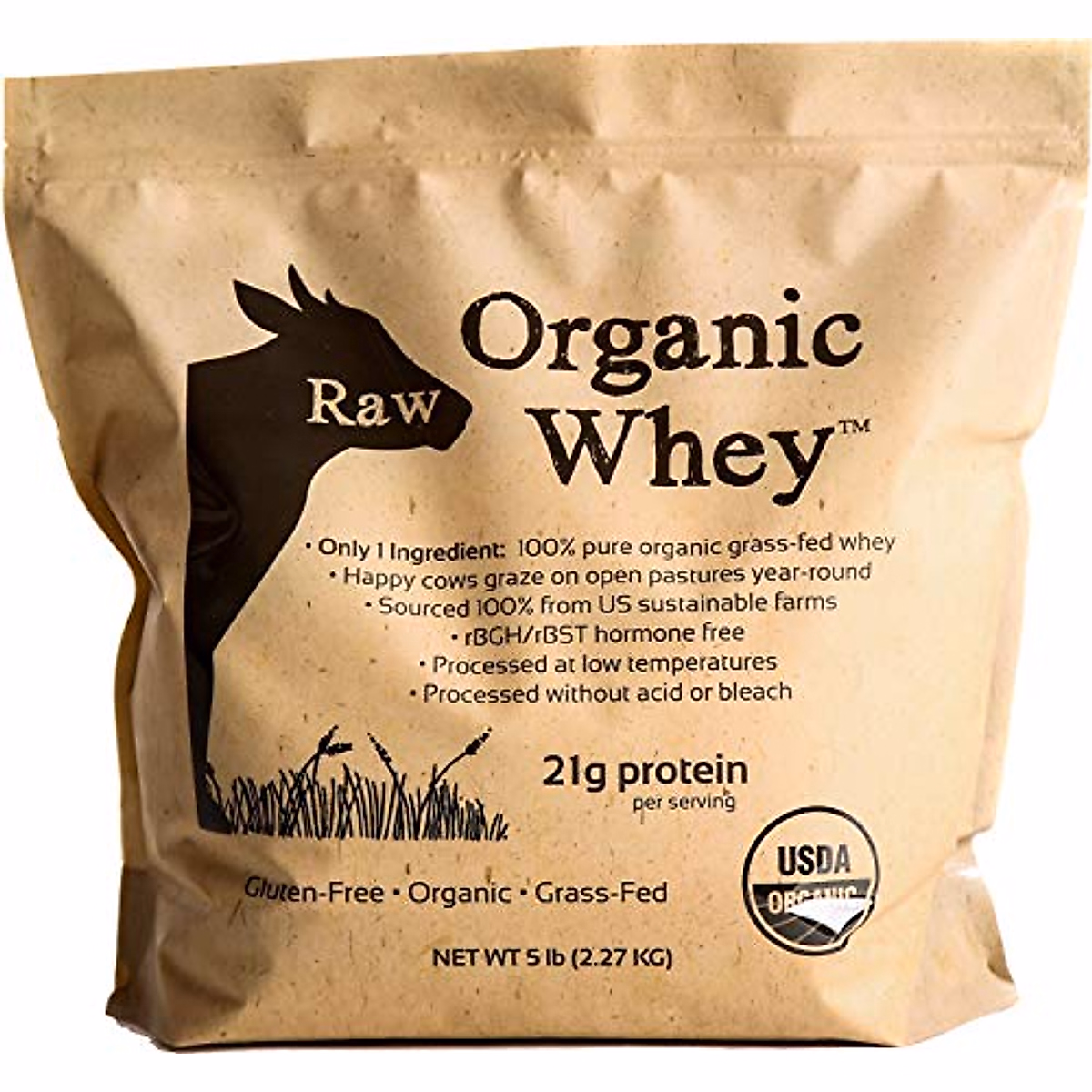 Raw Organic Whey 5LB - USDA Certified Organic Whey Protein Powder, Happy Healthy Cows, COLD PROCESSED Undenatured 100% Grass Fed + NON-GMO + rBGH Free + Gluten Free, Unflavored, Unsweetened(5 LB BULK)