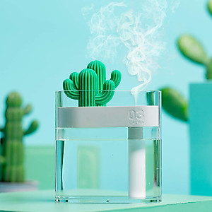 AmuseNd USB Cool Mist Humidifier with Night Light, Mini Size Cactus Humidifier for Bedroom Home Office Car with Timed auto Shutdown(Transparent)