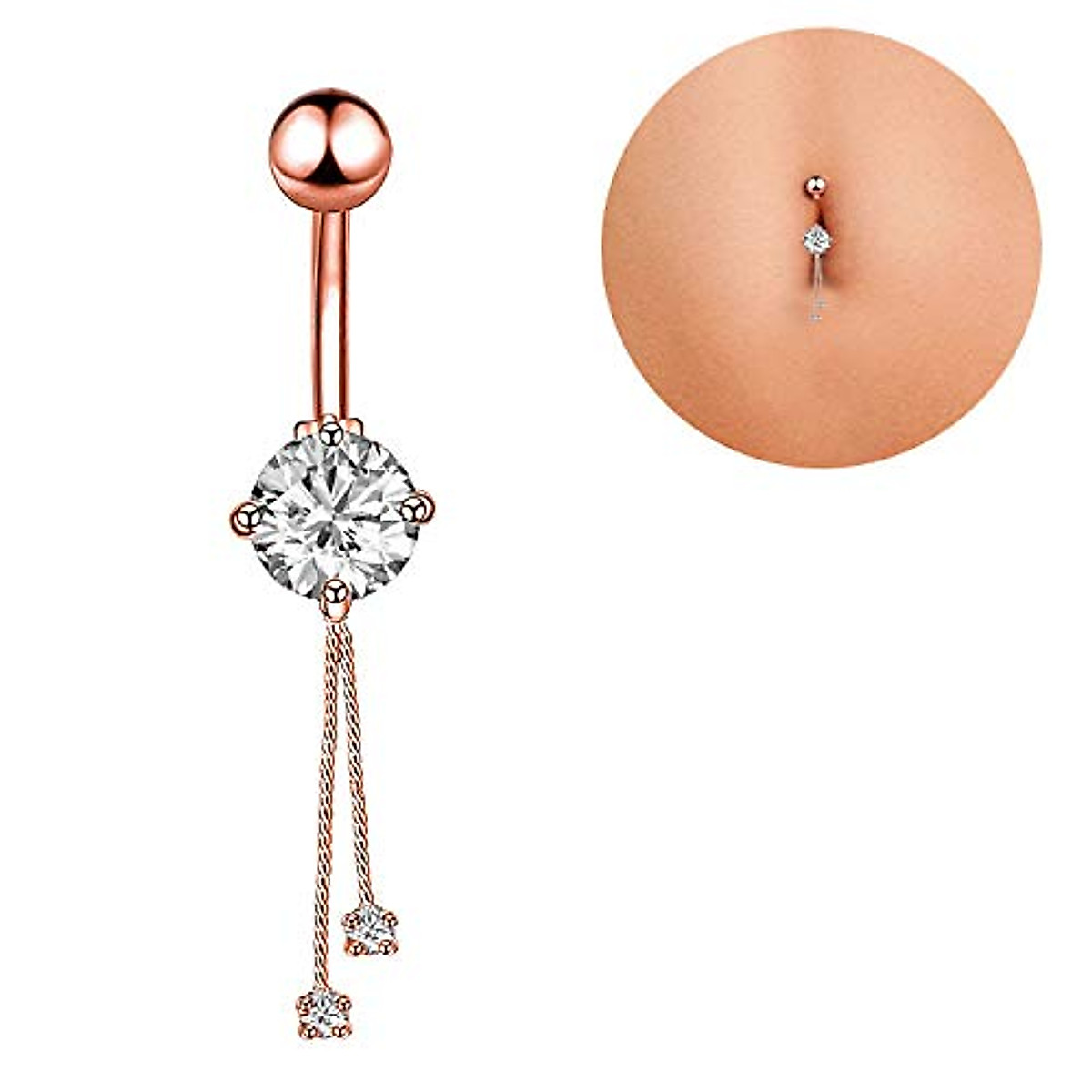 HQLA 14G Dangle Belly Button Rings Round Clear CZ Navel Curved Barbell Studs Surgical Steel Sexy Body Piercing 3 Pcs A Set (Steel)