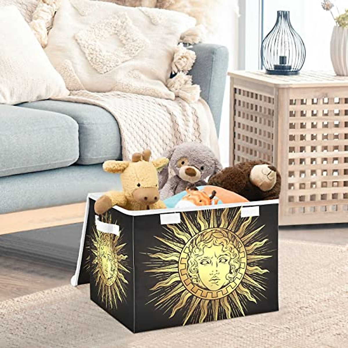 RunningBear Sun Large Storage Bins with Lid Collapsible Storage Bin Household Basket Boxes Decorative Storage Boxes for Living Room Office