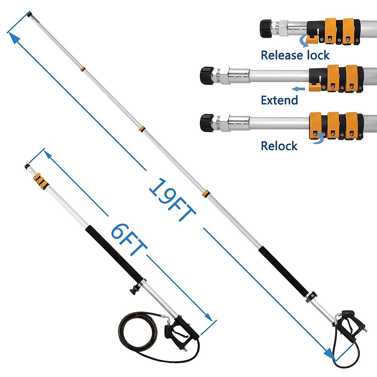 EDOU DIRECT Telescoping Pressure Washer Wand 19' | HEAVY DUTY | 4,000 PSI Max Working Pressure | Includes: 1/4" Quick Connection, 5 Spray Nozzle Tips, 2 Pivoting Couplers, 2 Adapters, Support Harness