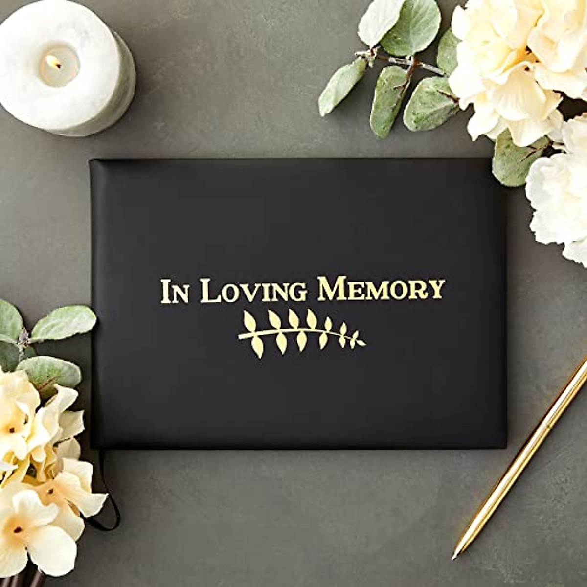 Black Funeral Guest Book for Memorial Service with 130 Pages, Gold Foil In Loving Memory Cover (8 x 6 In)