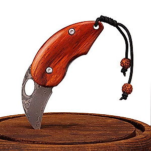 Samior Small Penguin Damascus Mini Karambit Folding Pocket Knife, 1.38" Claw VG10 Blade with Thumb Hole Open, Rosewood Handle with liner Lock and Lanyard Leather Sheath, 2.1oz