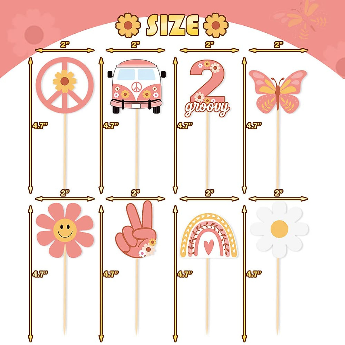 11Pcs Groovy Party Decorations, 2Pcs Two Groovy Banner 1PC Cake Toppers 8Pcs Hippie Party Cupcake Toppers Smile Daisy Flower Victory Peace Love Toppers for Baby Shower 2nd Birthday 70s Theme Boho