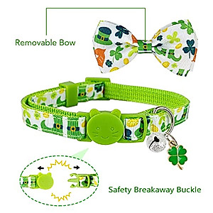 Pohshido St. Patrick's Cat Collar with Bow Tie and Bell, Kitty Kitten Breakaway Lucky Irish Shamrock Collar for Girls and Boys Male Female Cats